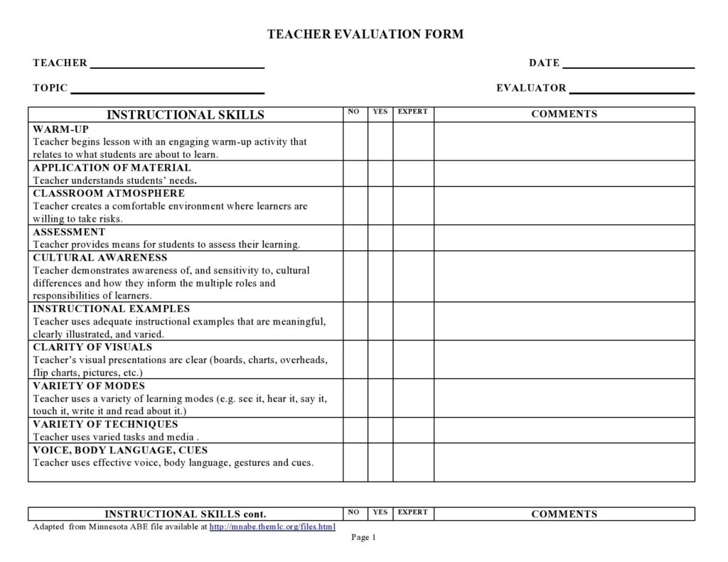 Printable Preschool Teacher Evaluation Form - Printable Preschool ...