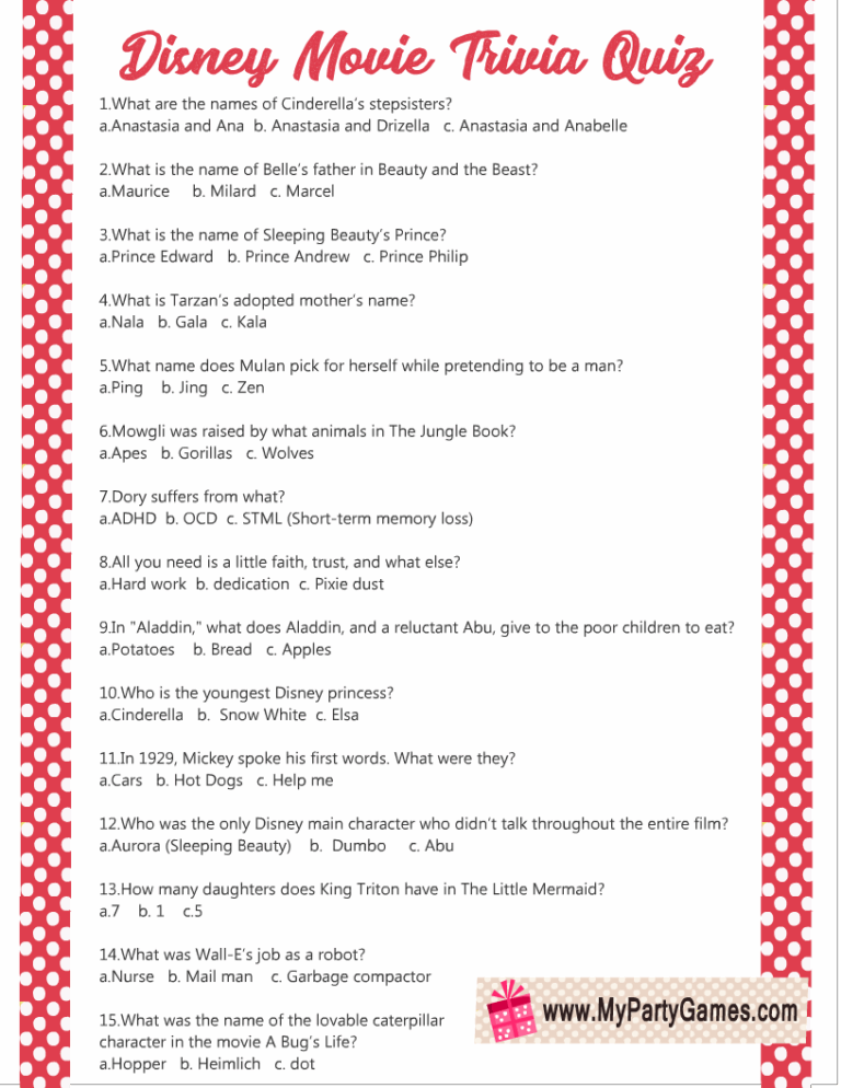Printable Movie Trivia For Preschoolers - Printable Preschool Worksheets