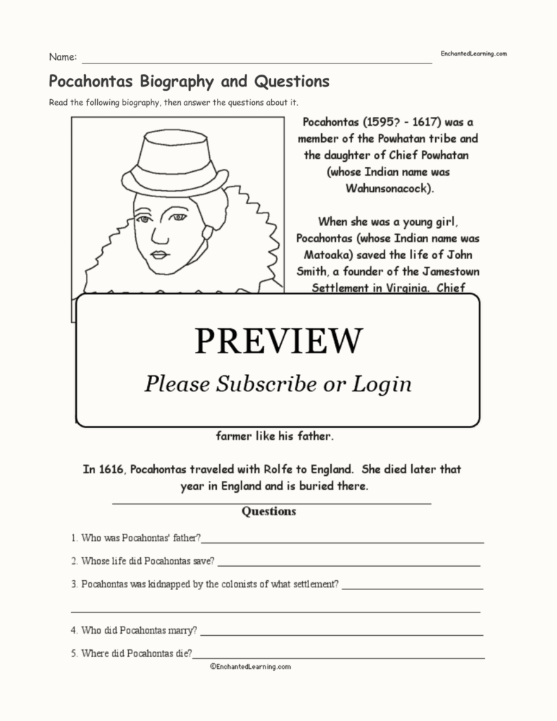 Printable Preschool Pocahontas Biography - Printable Preschool Worksheets